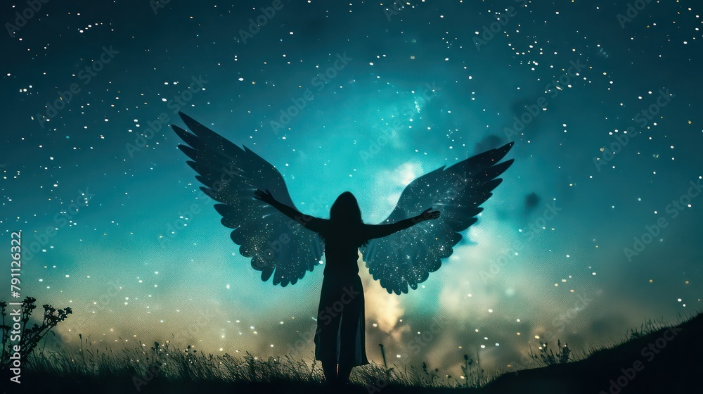 Angel, the messenger of God. Woman spreading her arms under wings with ...