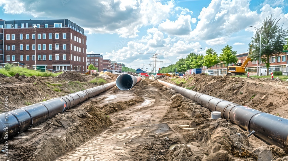 Urban infrastructure development with underground pipes. Excavation ...