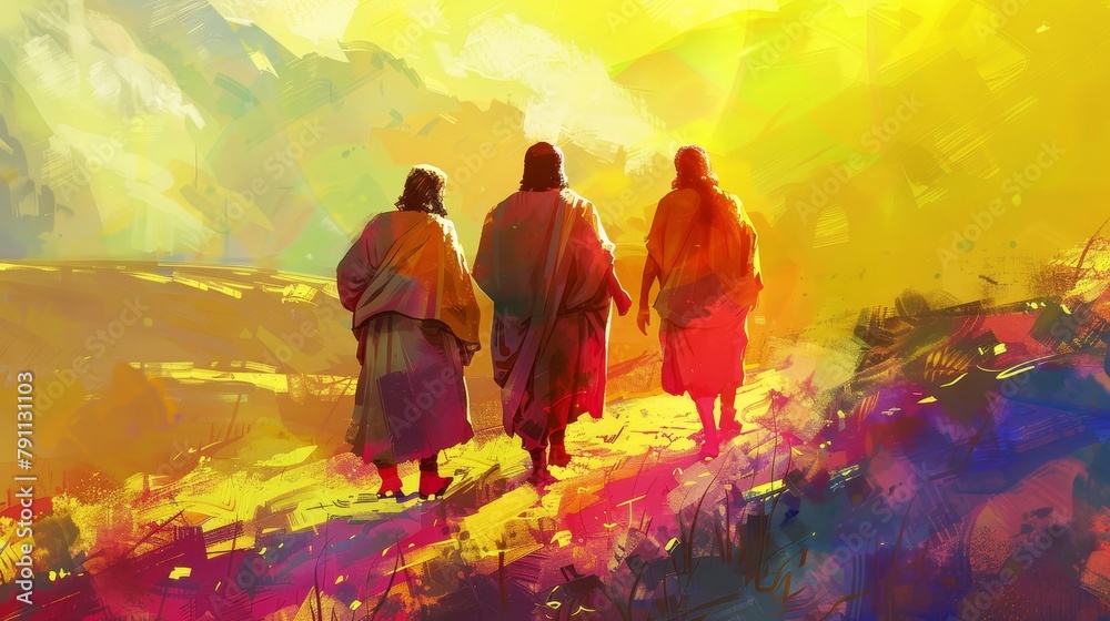 A vibrant scene of Jesus walking with his disciples on the road to ...