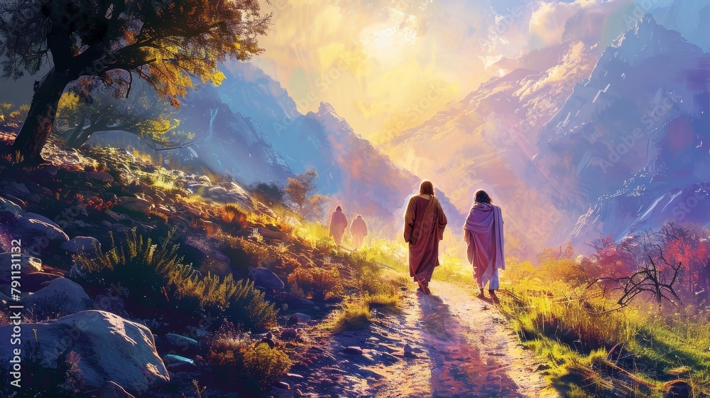 A vibrant scene of Jesus walking with his disciples on the road to ...