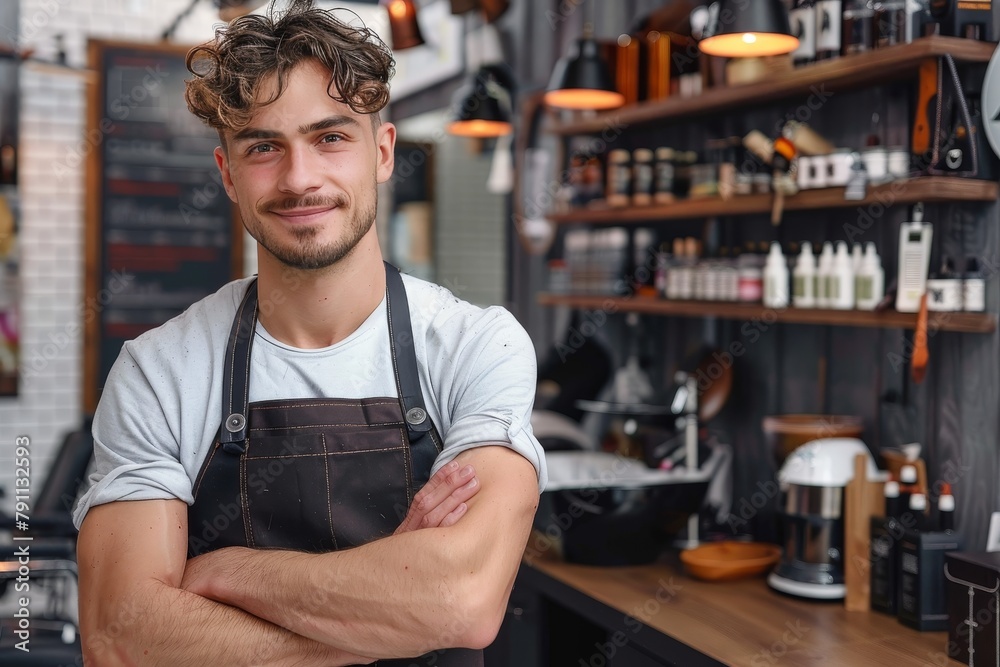 Handsome barista with tattoos smiling warmly while working at a modern ...