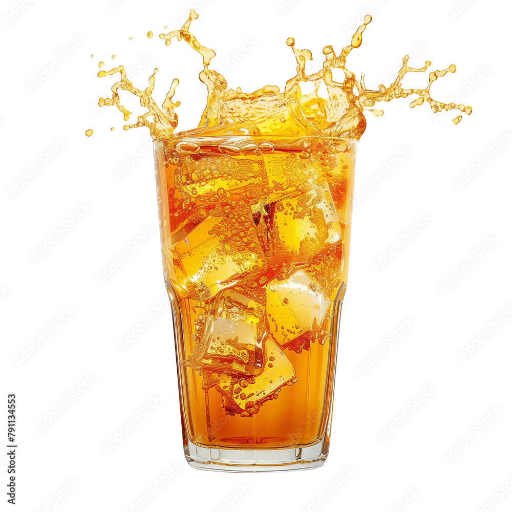 Splash of orange soda. Orange soft drink with ice in glass with splash ...