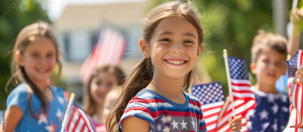 Children waving American flags during a patriotic parade, their ...