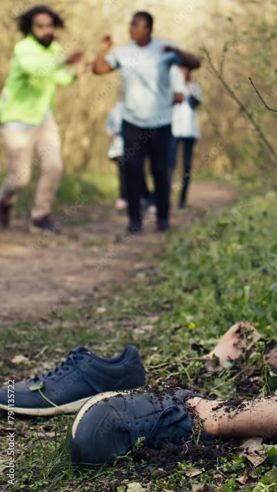 Rescuers group finding murdered barefoot victim in the forest, scared ...