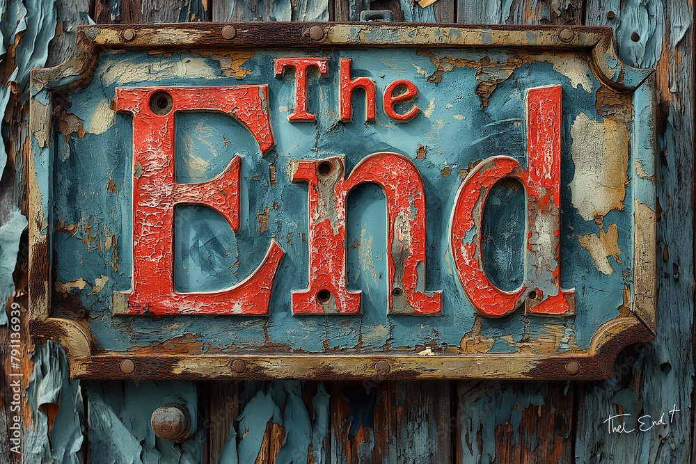 Old rusty metal signboard with the words The end, typography Stock ...