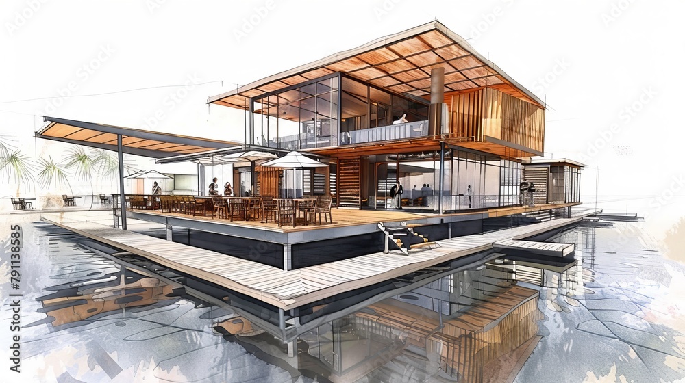 Architectural drawing of a floating restaurant AI generated ...