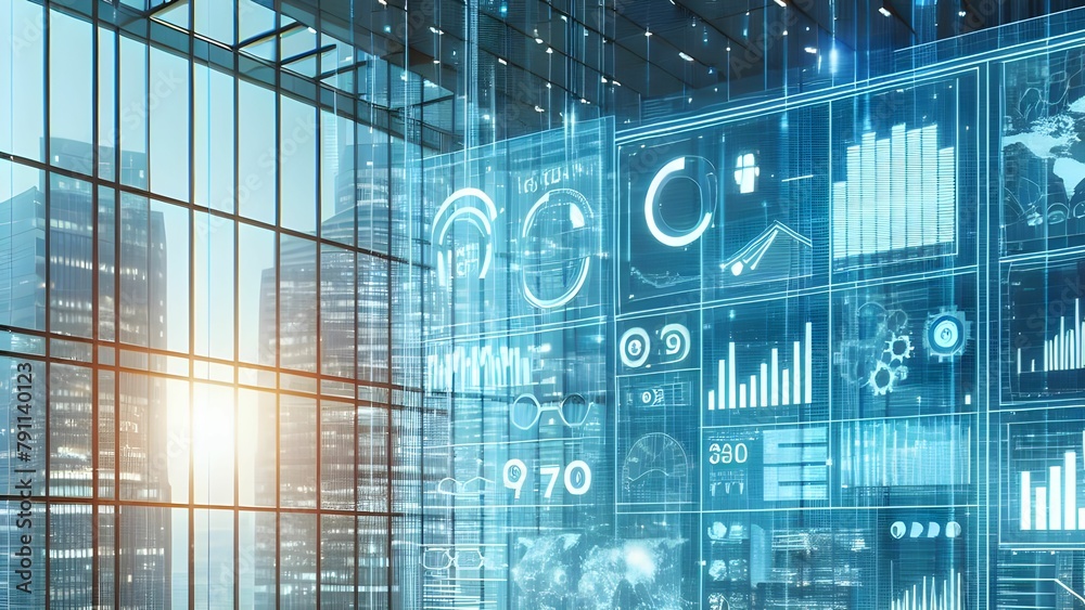 Transparent smart digital glass screen showing info and statics in a ...