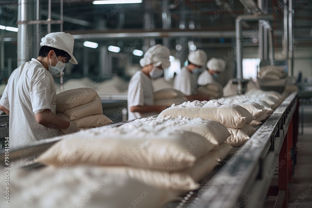 Factory workers wearing hygienic clothes. Flour factory. Workers ...