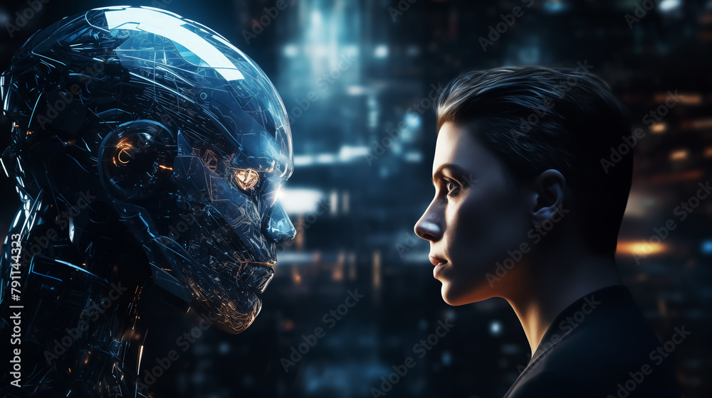 robot and human face to face, humanoid and woman, AI science and ...