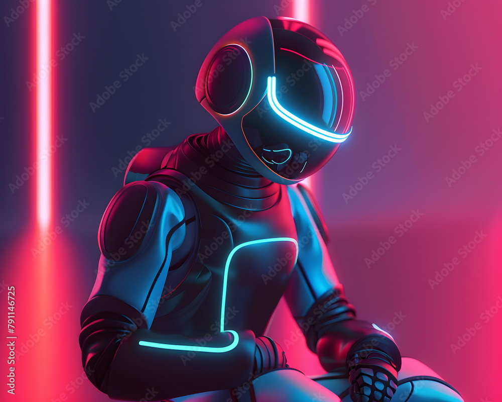 Modern smart robot on a futuristic background, in bright neon colors ...