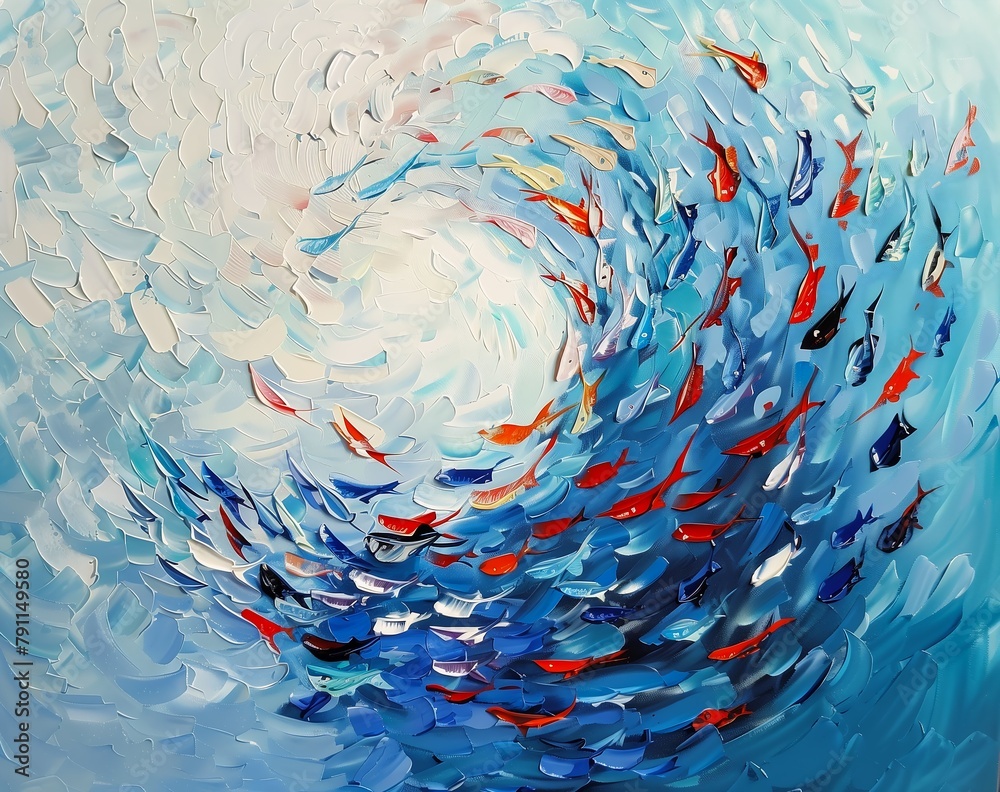 wave fish blue ocean white red spinning whirlwind imagery thick impasto ...