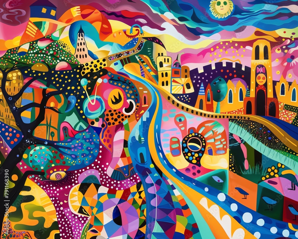 Capture a vibrant scene from a worms-eye view, intertwining elements of ...