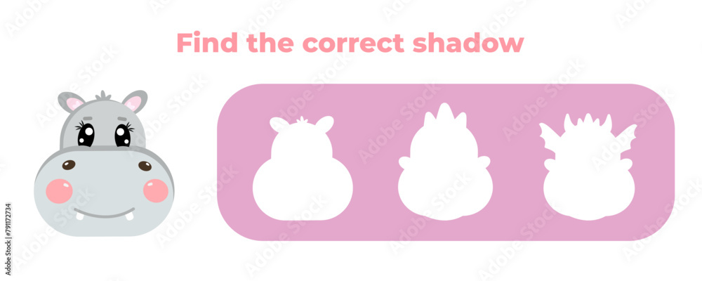 Find the correct shadow of funny characters hippopotamus, hippo face ...