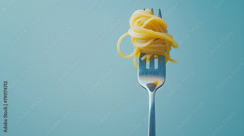 Pasta wrapped on a silver fork, noodles, macaroni, on a light blue ...