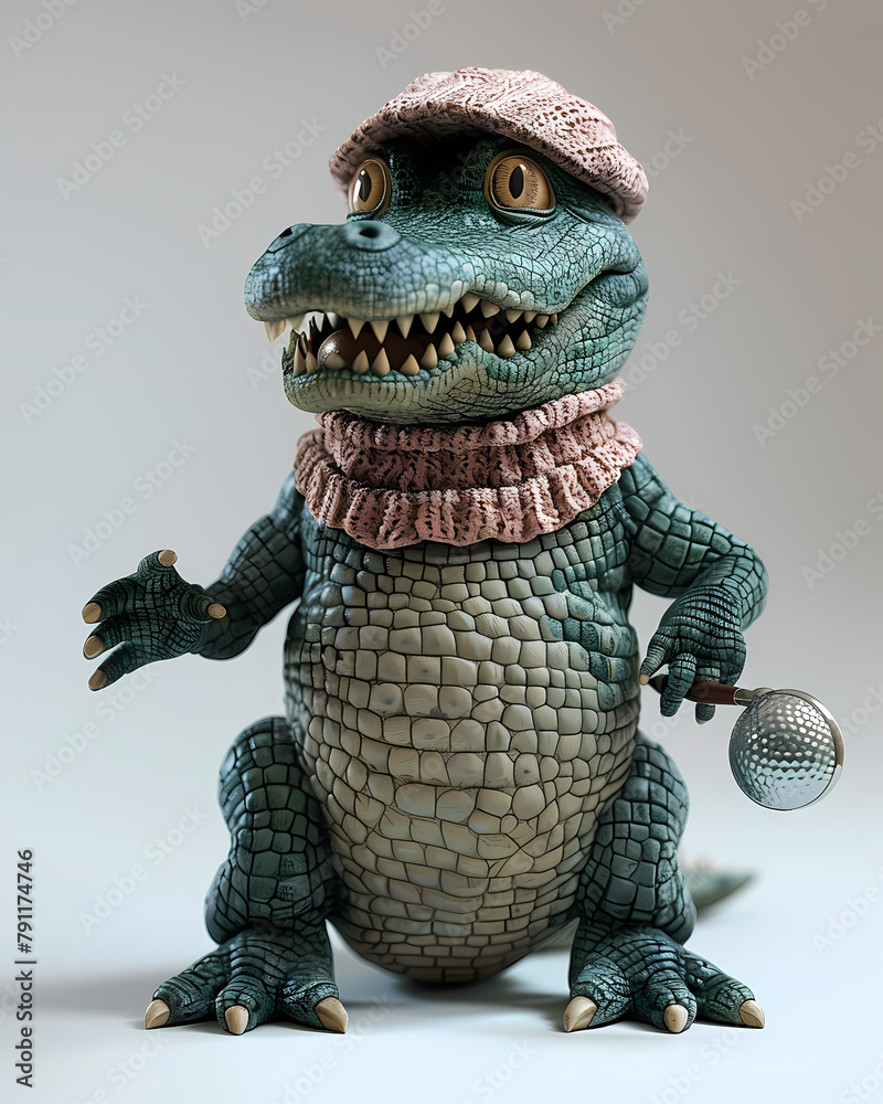 Male anthropomorphic alligator in golfer attire, standing upright ...