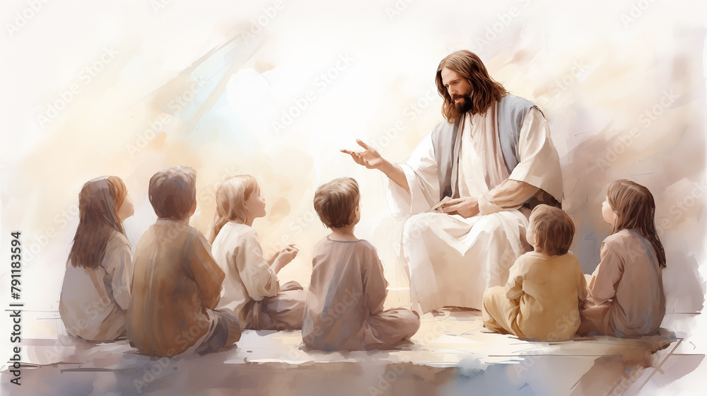 Jesus with group of children in park. Teaching children about Jesus ...