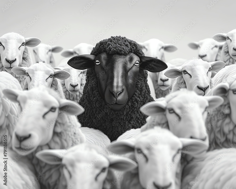 Black and white sketch of a black sheep among white sheep, stark ...