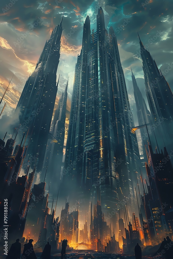 Dark fantasy painting of tall buildings, ominous sky, towering ...