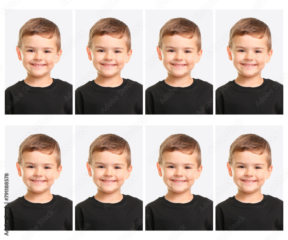 Passport photo, collage. Boy on white background, set of photos Stock ...