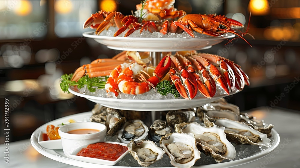 A luxurious seafood tower centerpiece, featuring tiers of chilled ...
