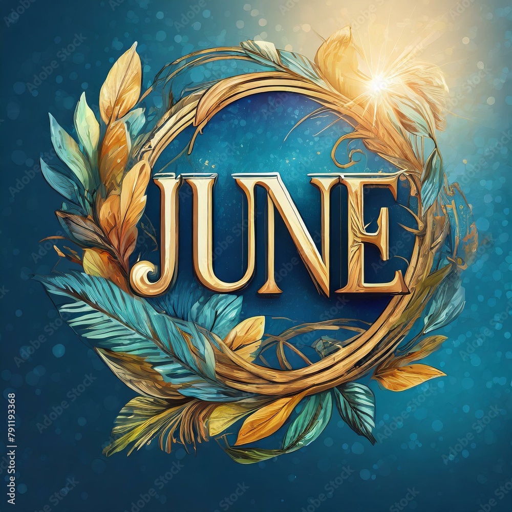 logo mois de juin June bleu avec des plumes et des feuilles en dessin ...