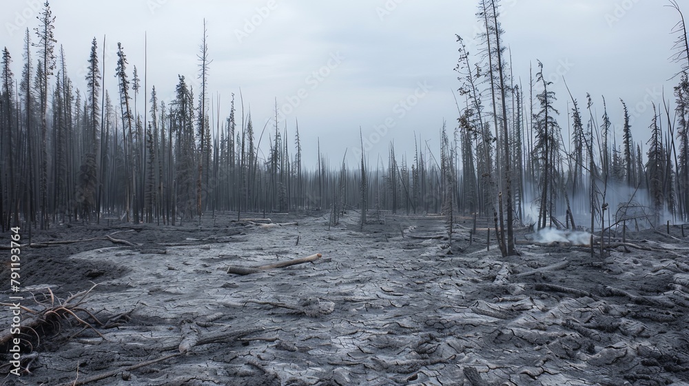 A scorched earth landscape with blackened trees and ashen ground ...