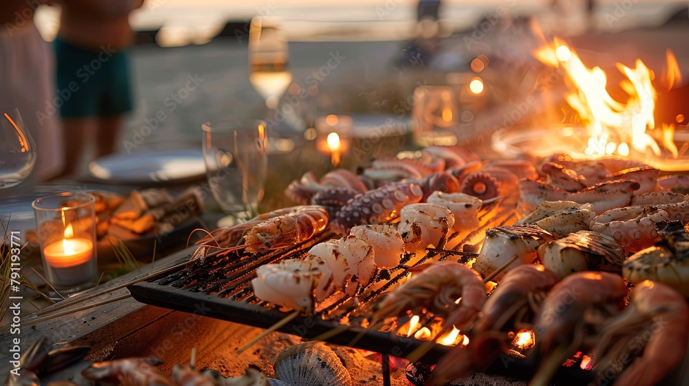 A seafood barbecue feast on the beach, with grilled prawns, scallops ...