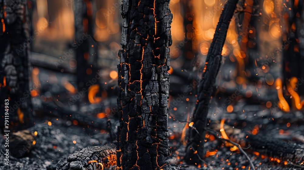 Close-up of charred tree trunks surrounded by smoldering embers ...