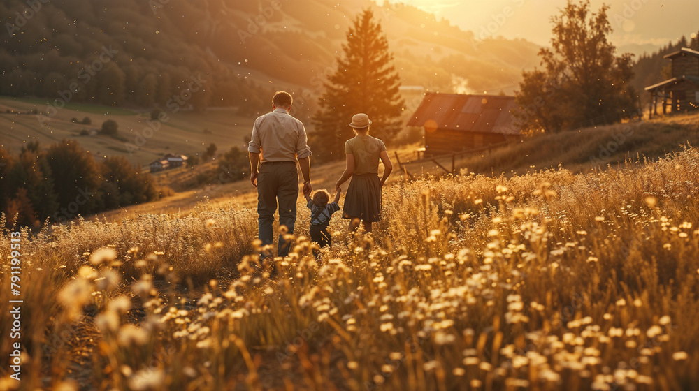 Bucolic countryside landscape with flowers at sunset in golden light ...