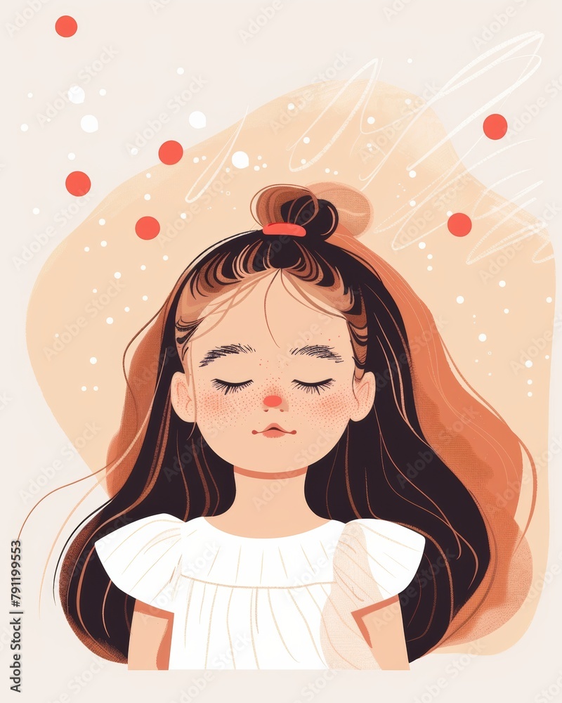 wall art. A cute cartoon girl with long brown hair and freckles on her ...