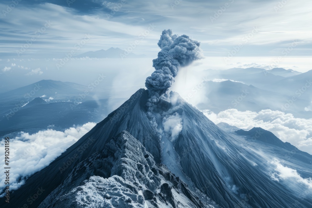 Volcanic eruption volcano erupting with smoke ashes old mountain peak ...