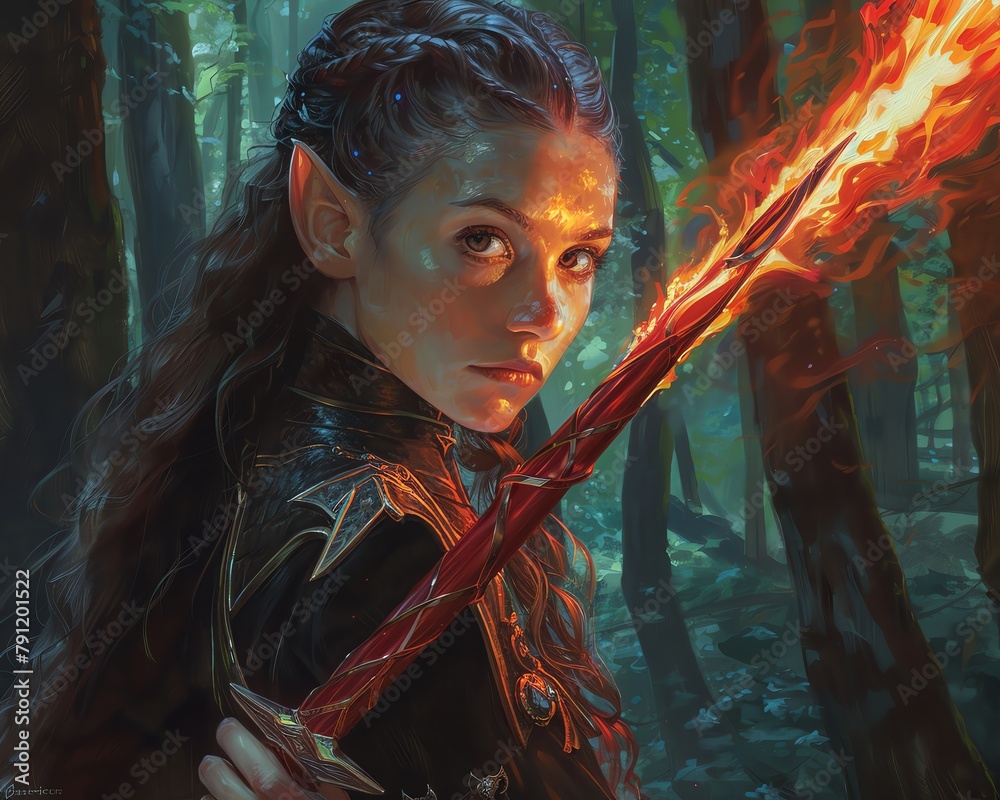 Oil painting of an elf girl with a flaming crimson sword, intense gaze ...