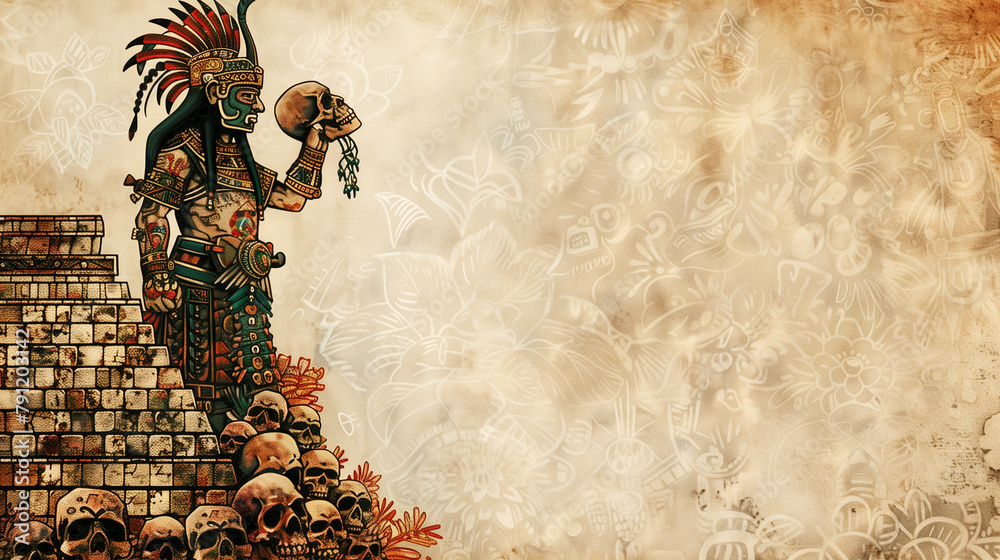 Textured paper of a codex, with the drawing of an Aztec priest shaman ...