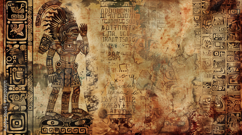 Old Maya scroll, with symbols and pictograms from Aztec mythology ...