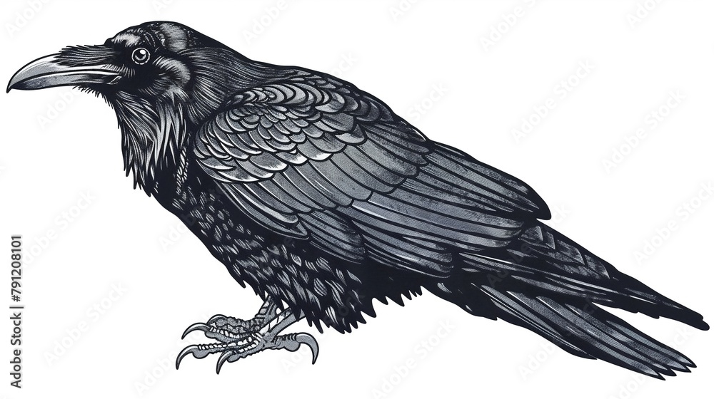 Raven, fullcolor in the style of detailed etching, line art drawing ...