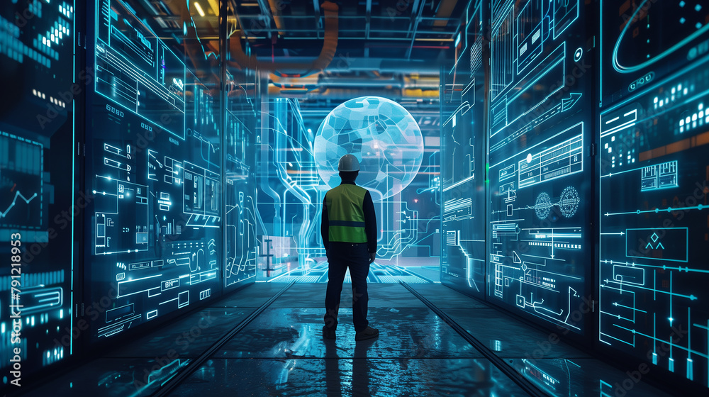 A man stands in front of a computer monitor that displays a large ...