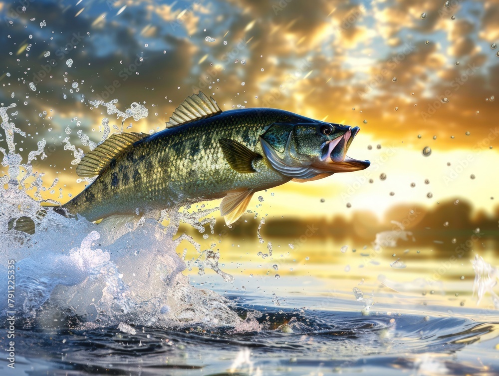 Large mouth bass jumping out of the water. Generate AI image Stock ...