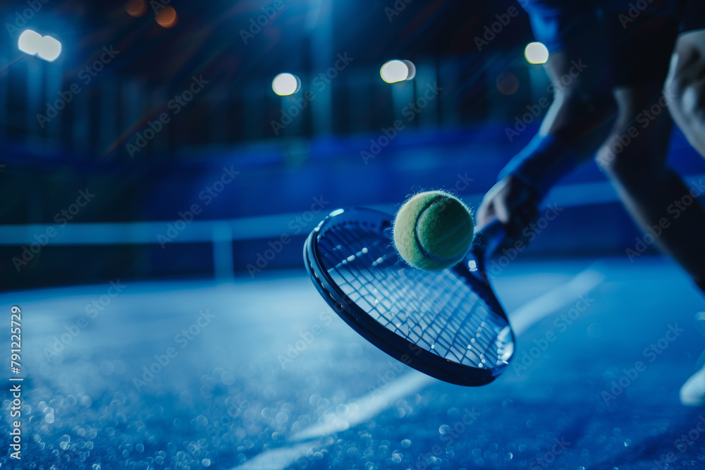 Close up of a hand holding a tennis racket hitting a ball, on a padel ...