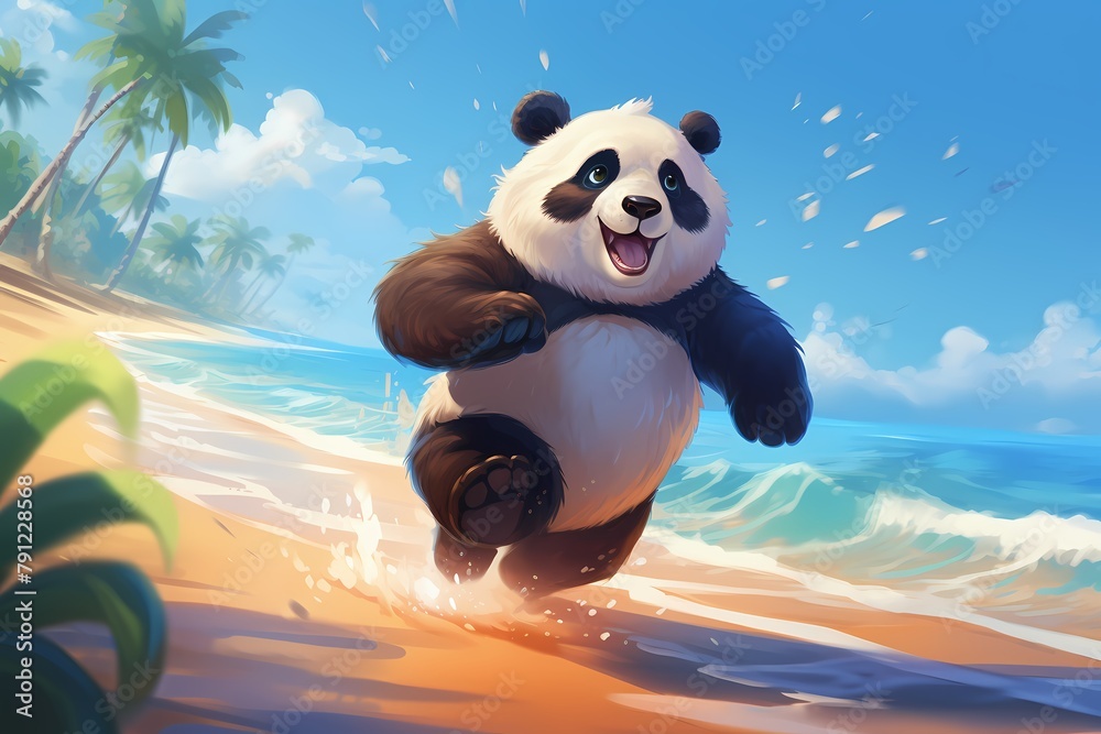 cartoon illustration, a panda is running on the beach Stock ...