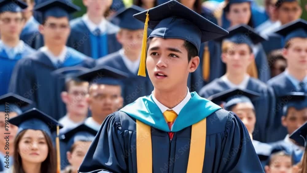 Valedictorian young student man giving graduation speech to other ...