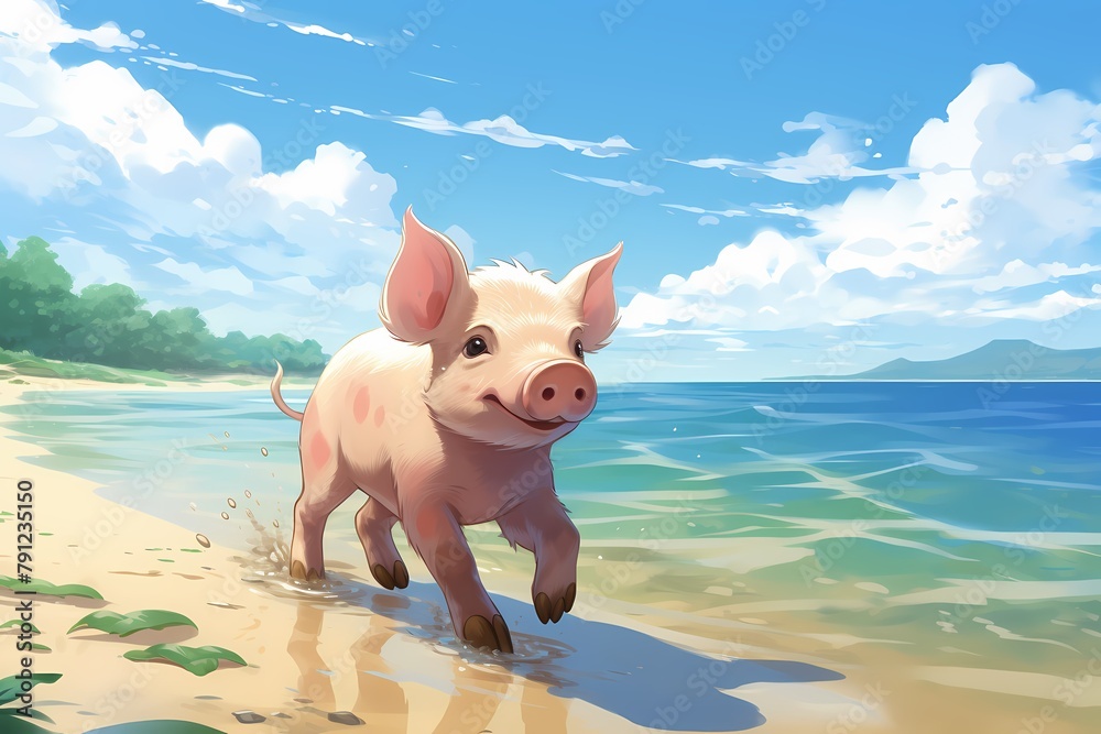 cartoon illustration, a pig is running on the beach Stock Illustration ...
