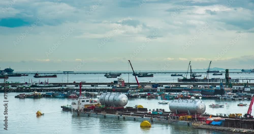 Time-lapse Logistic shipping quay boat Engineering crane depot at ...