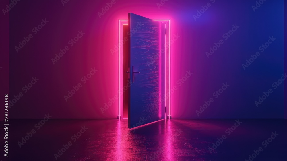 Neon-lit door opening into darkness concept - A mysterious open door ...