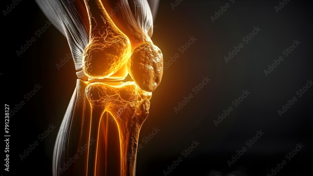 Artistic human knee joint anatomy illustration on black background ...