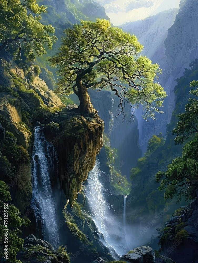 Epic tree overhanging a majestic waterfall in a canyon - An awe ...