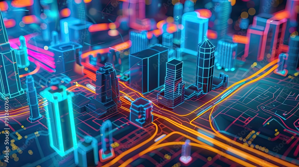 Futuristic navigation map with 3D buildings and route overlays Stock ...