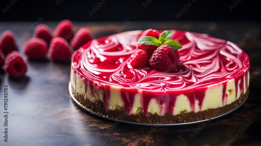 Raspberry swirl cheesecake, close-up, showcasing vibrant raspberry ...