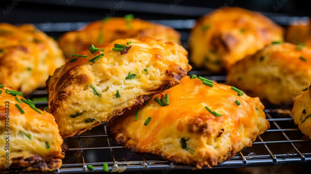 Savory scones with cheddar and chives, close-up, highlighting the ...