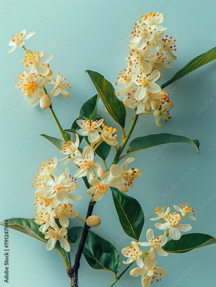 Osmanthus fragrans, light blue background, photography, magazine style ...