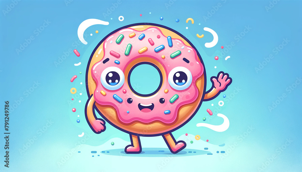 An animated donut character with arms and legs waving happily. The ...